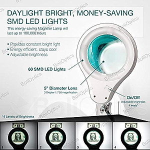 (5 inch Glass Lens) Professional LED Magnifying Lamp with Clamp, Dimmable, 1200 Lumens 5600K-6000K Daylight Bright 60 SMD LED, Work Light Mounting Bracket Clamp (3 Diopter) BoliOptics MG16303121
