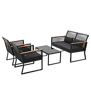 Patiorama 4 Piece Patio Furniture Set, Outdoor Wicker Bistro Set, All-Weather Black PE Rattan Conversation Set w/Coffee Table, Loveseat, Wood-Like Armrest, Cushions for Garden Balcony Deck, Dark Grey