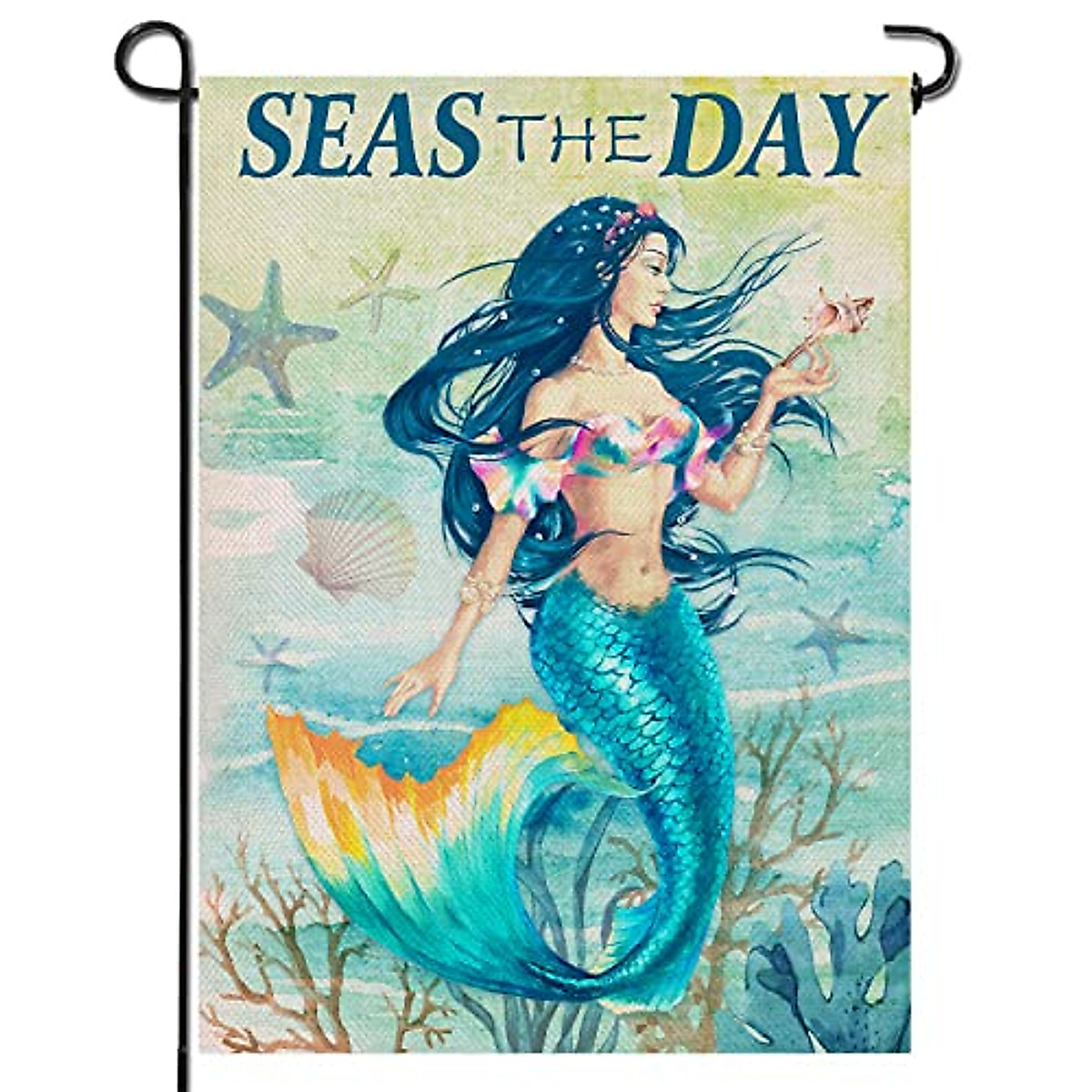 Artofy Seas the Day Spring Mermaid Nautical Home Decorative Garden Flag, Coastal House Yard Shell Starfish Coral Conch Outside Decor, Summer Beach Tropical Outdoor Small Decoration Double Sided 12x18