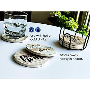 PANCHH Rustic Farmhouse Stone & Cork Coasters for Drinks, Absorbent - Set of 6 Coasters with Holder - Best Housewarming Gifts for New Home Ideas - Cute Kitchen and Coffee Table Décor & Accessories