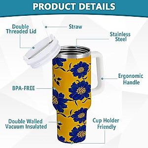RPLIFE Elegant Dark Blue Flowers Yellow 40 Oz Tumbler with Handle and Straw, Stainless Steel Cups with Lid, Coffee Tumbler for Women