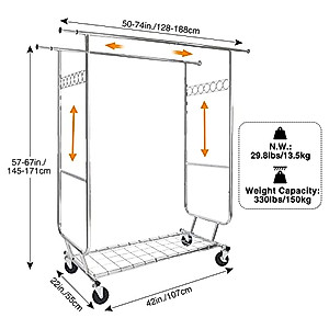 ALUPOM Extendable Double Rod Clothing Rack on Wheels with Shelves Capacity 330lbs, Heavy Duty Rolling Chrome Commercial Garment Rack for Hanging Clothes