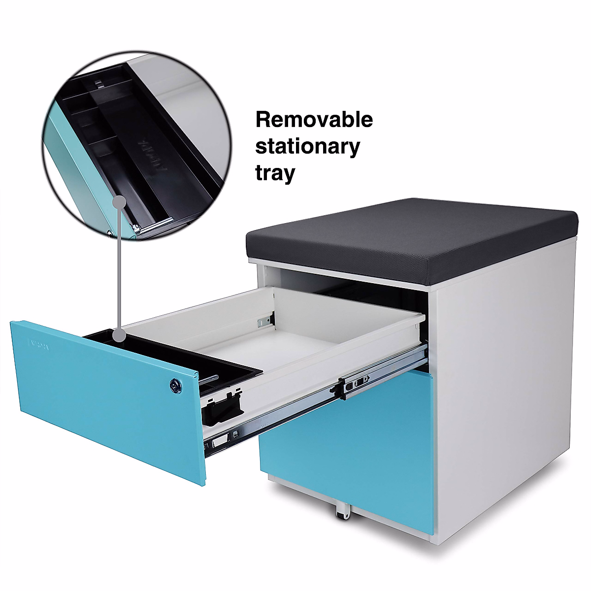 Aurora Mobile File Cabinet 2-Drawer Metal with Comfort Seat Cushion, Lock Key Sliding Drawer, Fully Assembled, Ready to Use, White/Aqua Blue