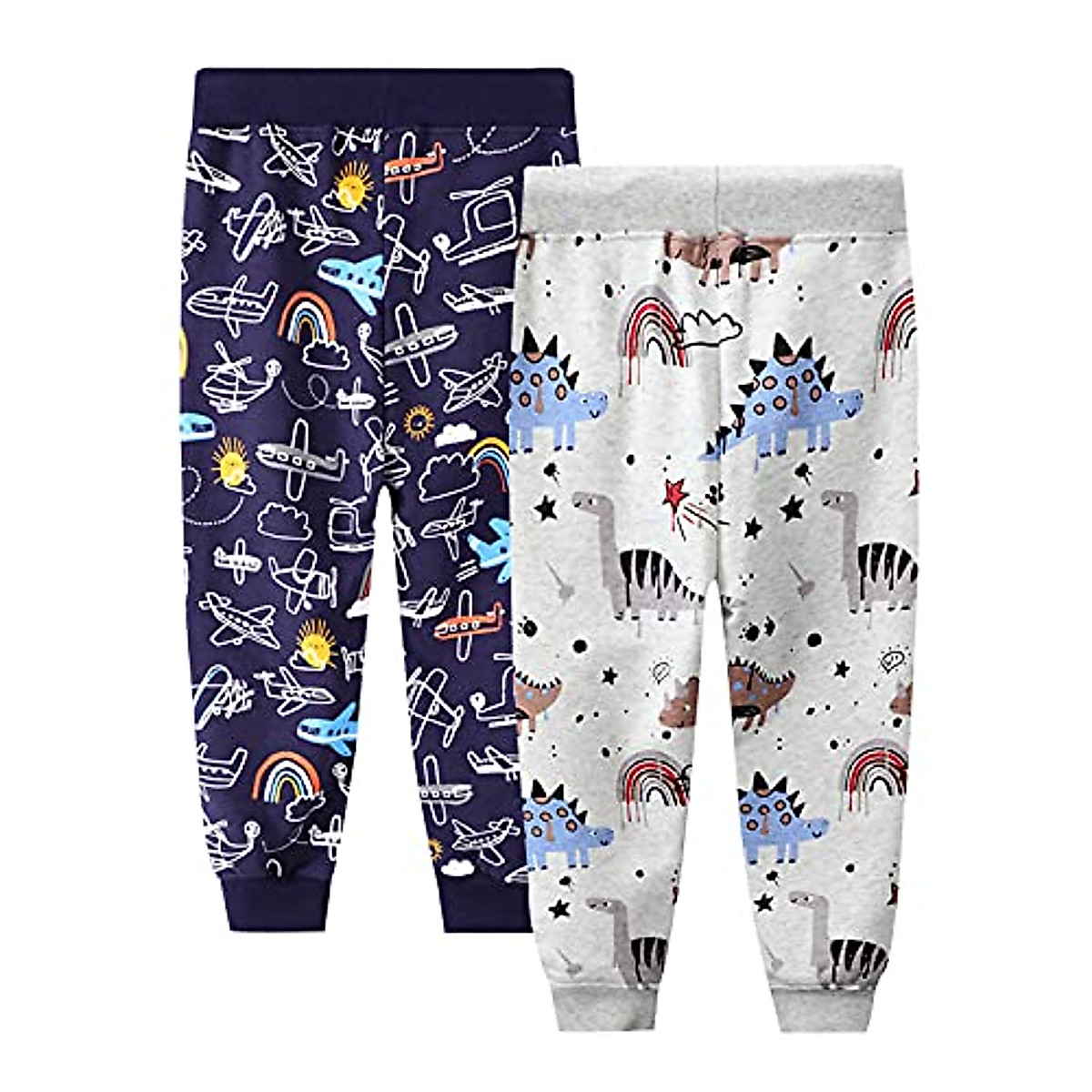LOKTARC 2 Pack Litter Boys Jogger Pants Toddler Boys' Drawstring Elastic Waist Cotton Embroidery Sweatpants Aircraft Dinosaur 6-7 Years/Size 7T