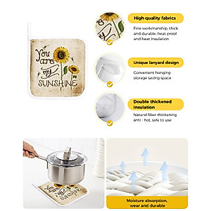 Pot Holder Set of 2 Sunflower Sunshine Bee Potholder Heat Proof Non-Slip Pot Holders,Yellow Flower on Retro Newspaper Hot Pads Potholders for Kitchen Cooking Baking BBQ