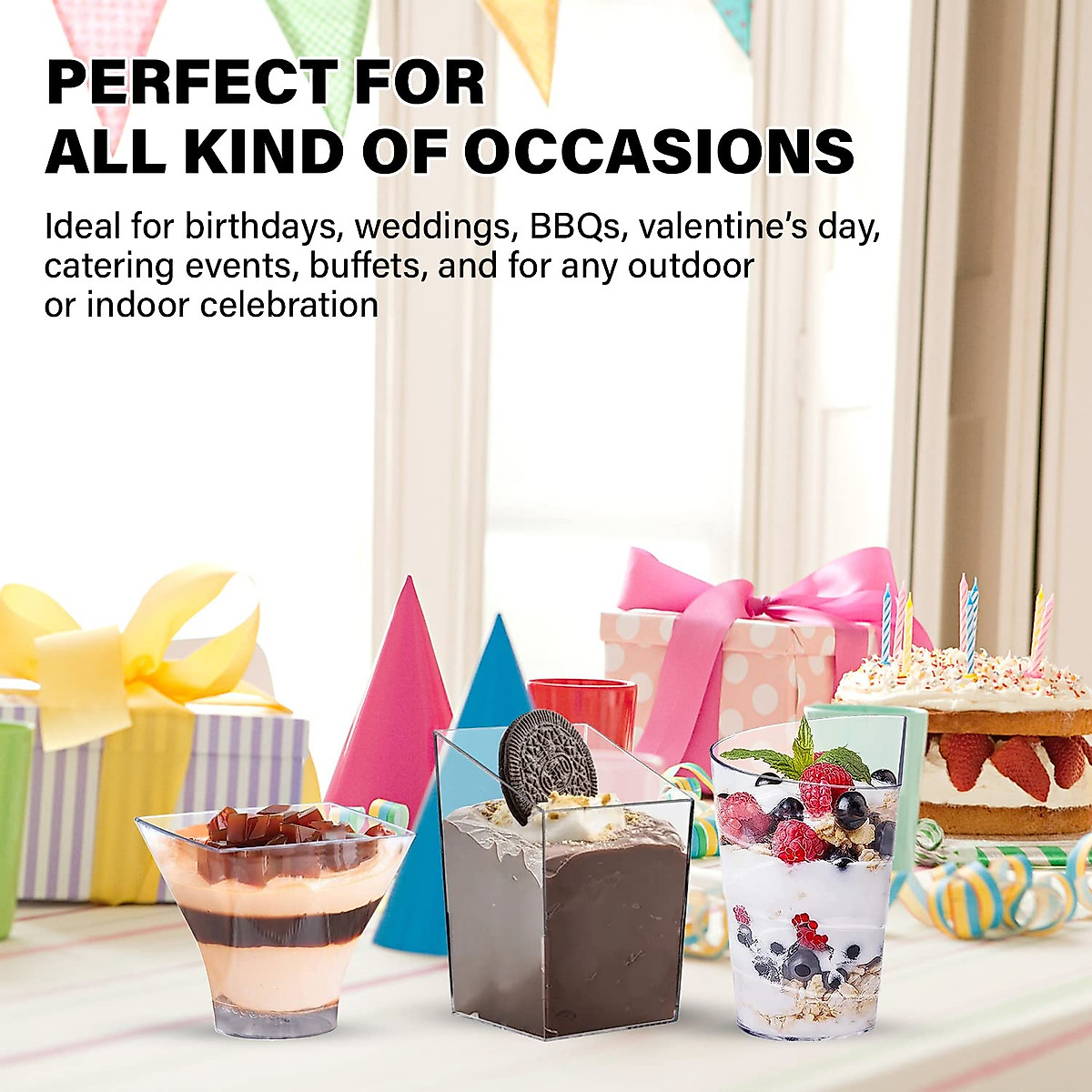 60 pack dessert cups of 3 oz, 2.5 oz and 2 oz. 3 varieties in size and shape also 20 of each shape perfect for appetizer, dessert and serving parties, plus FREE 60 spoons