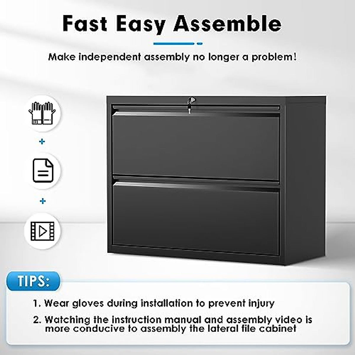 Pataku Lateral File Cabinet, 2 Drawer File Cabinet with Lock, Black Filing Cabinets for Home Office, Metal File Cabinet for Hanging Files/Letters/Legal/F4/A4