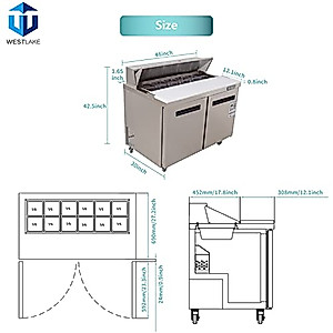 WESTLAKE 48" W 2 Door Refrigerator Sandwich&Salad Prep Table Commercial Stainless Steel Counter Fan Cooling Refrigerator with 12 pans-48 Inches for Restaurant, Bar, Shop, etc