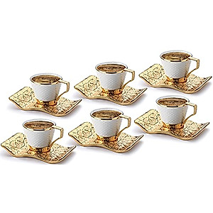 DEMMEX Stunning Espresso Turkish Coffee Cups with Metal Holders and Saucers Set for 6, 2.6 Ounces (White - Gold)