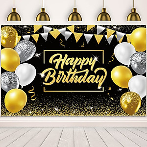 5x3ft Happy Birthday Backdrop Yellow Silver Balloon Banner Decorations for Large Family Gathering Yard Sign Backgroud for Men Women Boys Girls Party Indoor Outdoor Poster Decor Supplies