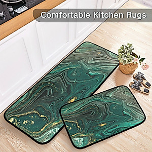 J JOYSAY Green Marble Kitchen Rugs and Mat 2 Pieces Set Cushioned Anti Fatigue Kitchen Mat Non Slip Comfort Standing Rug Washable Farmhouse Decor for Sink Table Fridge Fall