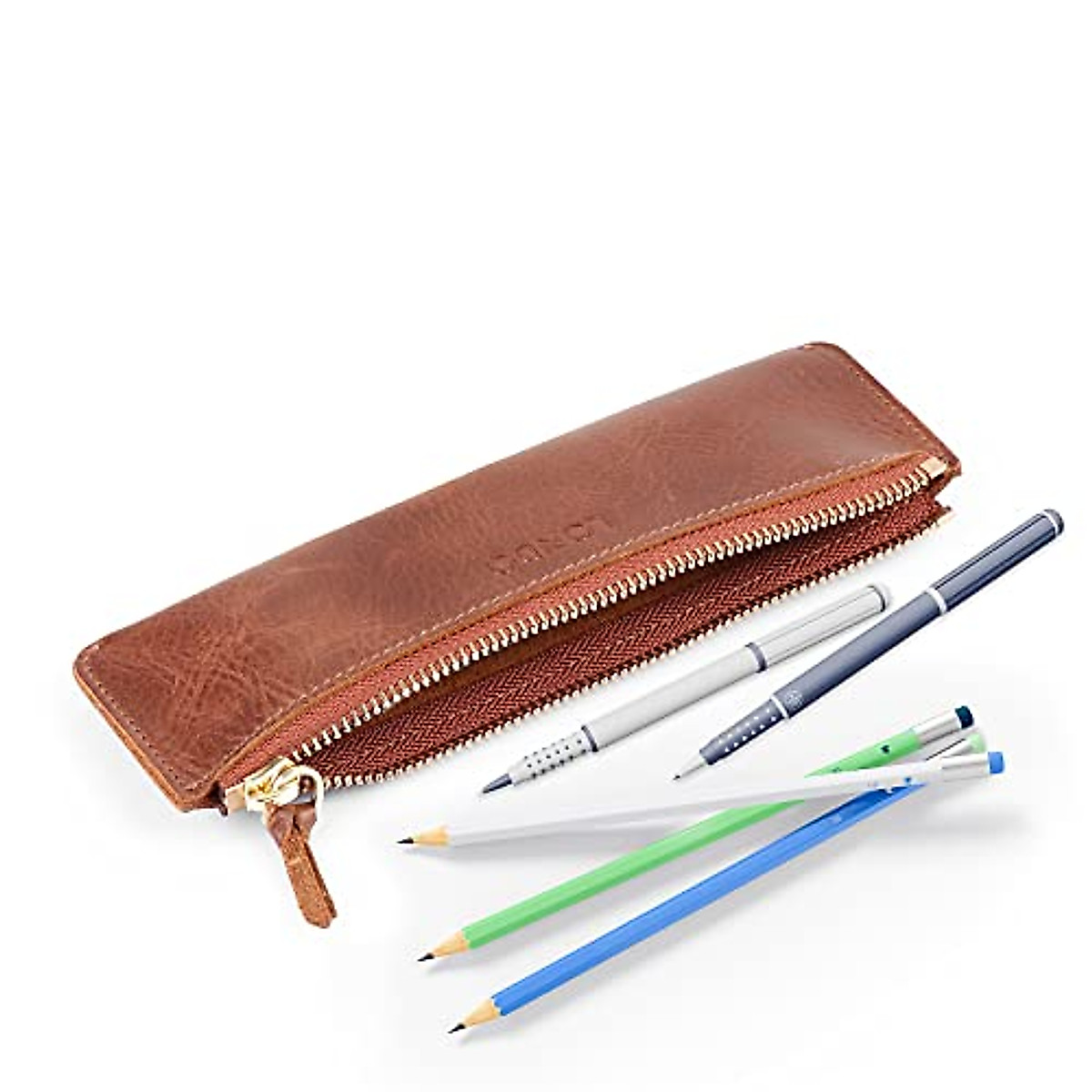 Londo Genuine Leather Pen Case with Zipper Closure, Pencil Pouch Stationery Bag (Brown v2)