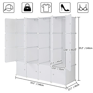 Maximize Home Organization with Stackable Modular Shelving Closet Organizer Plastic Storage Cubes with Hanging Rod and Wardrobe Cabinet - White Doors