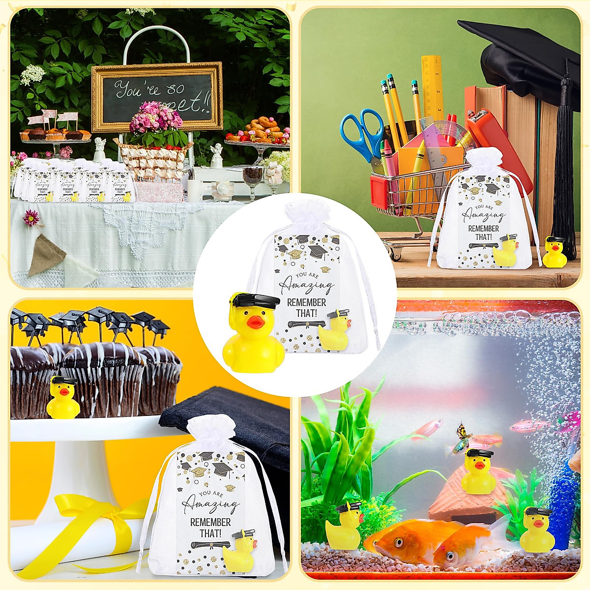 Chunful 24 Sets 2025 Graduation Gifts Resin Graduation Duck Funny Graduation Ducks with Inspirational Congratulation Cards Organza Bags for School Student College Son Daughter Graduation Party