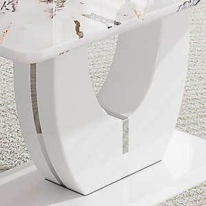 Kootlena Rectangular 63" Marble Dining Table, Luxurious Dining Room Table with 1.4" Faux Marble Top and White U-Shape MDF Base, Modern Kitchen Dining Table for Kitchen Living Dining Room