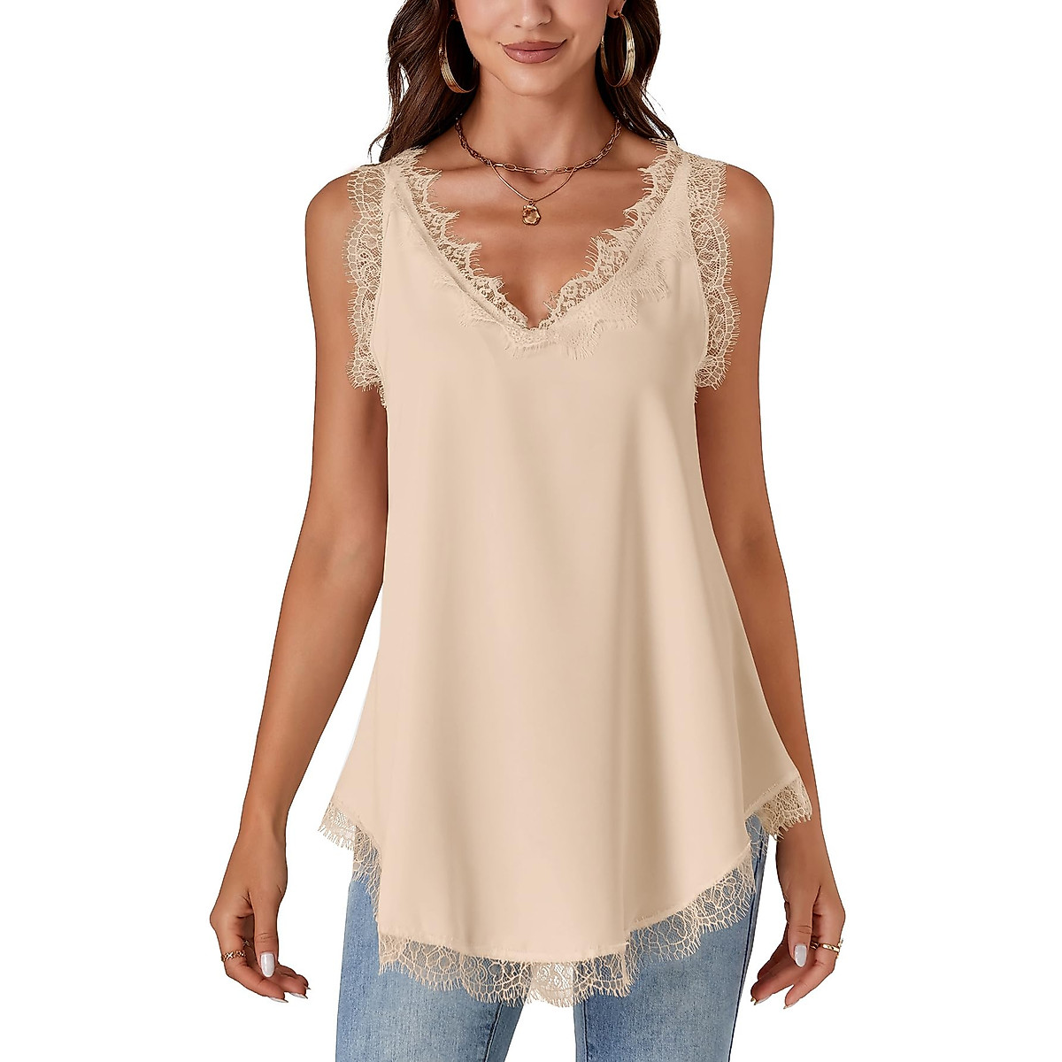 LYANER Women's Summer Sexy V Neck Lace Trim Basic Sleeveless Tank Top Blouse Shirt Beige Medium