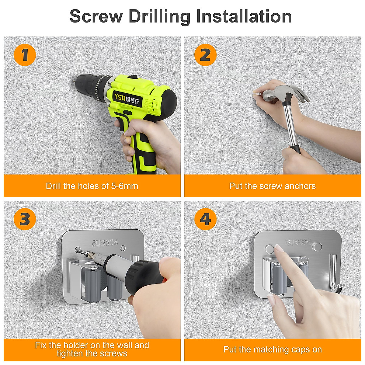 4 Pack Broom Holder Wall Mount Stainless Steel Mop Hanger - Home Laundry Room, Kitchen, Closet, Garage Organization and Storage Heavy Duty Utility Rack - Rake, Shovel Garden Tool Organizer (Silver)