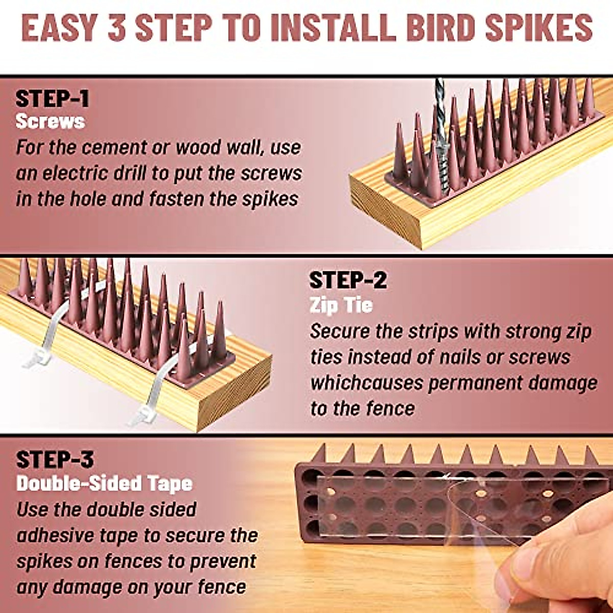 Pack of 12 Anti Bird Spike Strips for Fence Roof Railing Covering 17 Feet in Total - Plastic Squirrel Deterrent Cat and Raccoon Repellent Strips with 3 Foldable Segments