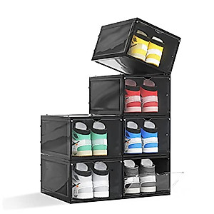 Hrrsaki 6 Pack Shoe Storage Box, Drop Front Shoe Boxes,Shoe Box Clear Plastic Stackable, Shoe Storage Box and Shoe Organizer for Display Sneakers,Easy Assembly,Fit up to US Size 12(13.4”x 10.7”x 7.2”) - Black