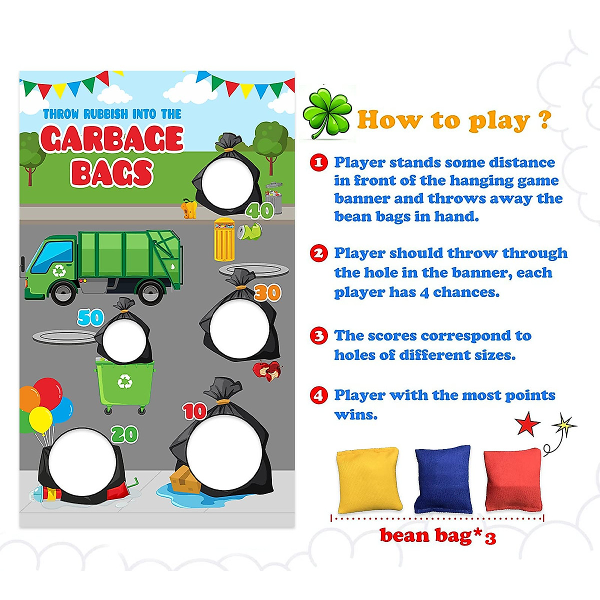 Bags Garbage Truck Trash Trucks Toss Games Banner Backdrop Waste Management Recycling Bin Throw Rubbish into the Garbage Theme Decor Decorations for Boy Girl Birthday Party Baby Shower Supplies Gift