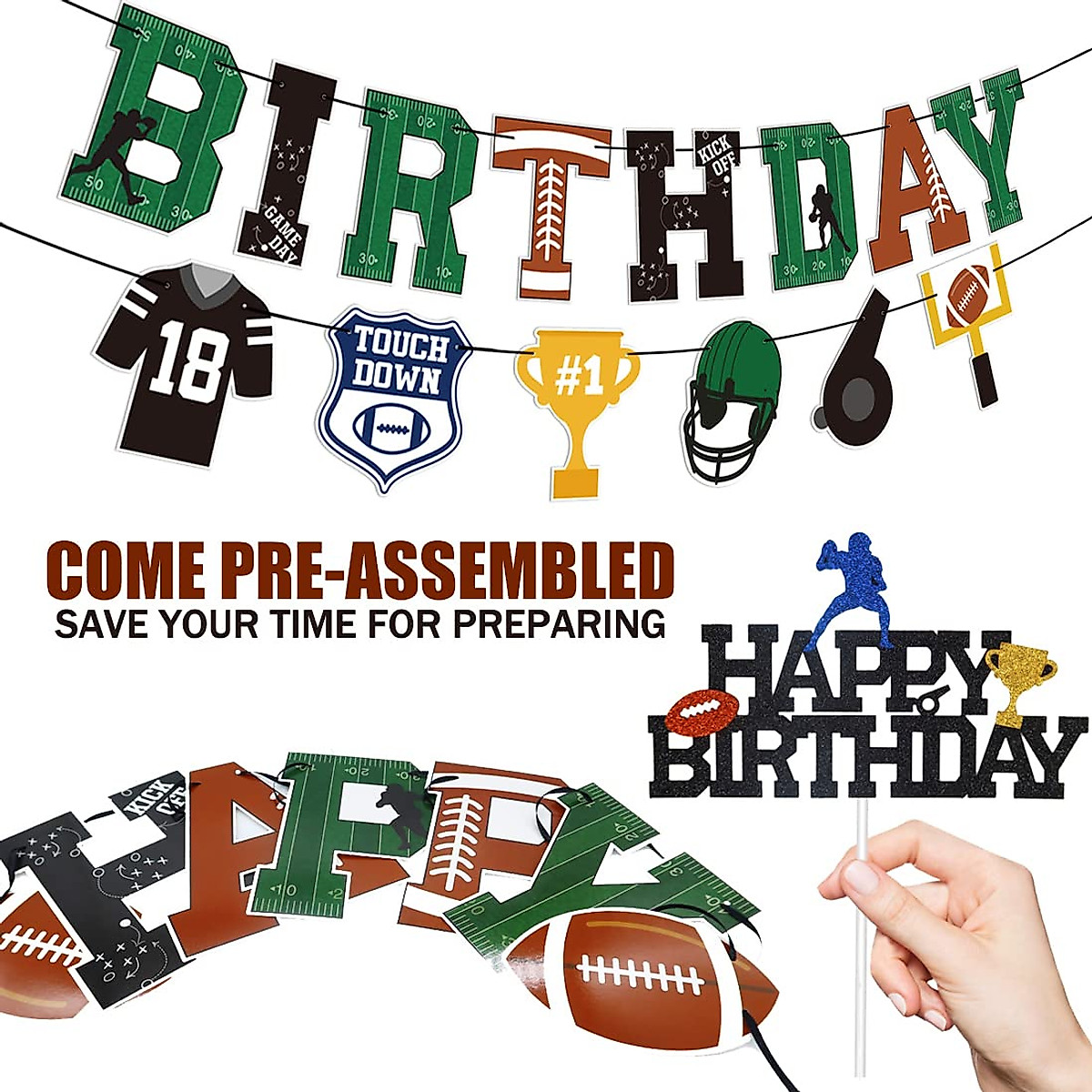 Football Birthday Party Decorations Pack for Football Touchdown Sports Theme Birthday Party Decoration - Includes Happy Birthday Banners, Cake Topper and Balloons