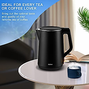 Electric Kettle, 100% Stainless Steel Interior Double Wall Electric Tea Kettle, 1500W Cool Touch Water Boiler, 1.5L, BPA-Free with Auto Shut-Off & Boil-Dry Protection, Cordless Base & LED Indicator