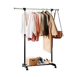ikloo Clothing Rack with Wheels for Hanging Clothes | Extendable and Adjustable Garment Racks | Freestanding Rolling Closet Laundry Racks for Drying | Portable Clothes Organizer with Shelves | Chrome