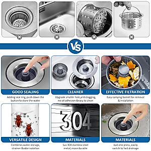 3 in 1 Kitchen Sink Drain Strainer and Stopper Combo, Stainless Steel Pop Up Sink Stopper with Anti-Clogging Basket Sink Strainer, Sink Bounce Core Drain Strainer for Standard 3-1/2 Inch Drain