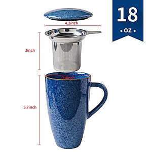 KOOV Porcelain Hot Tea Cup with Infuser and Lid, 18 OZ Tea Mug with Lid, Tea Infuser Mug, Tea Steeper for Loose Tea Mug, Steeping Tea Cup (Reactive Blue)