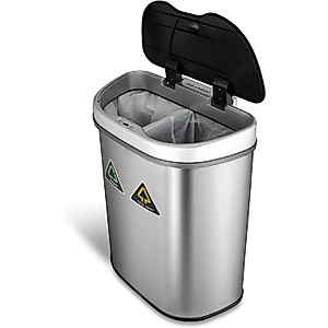 NINESTARS Automatic Touchless Infrared Motion Sensor Trash Can/Recycler with D Shape Silver/Black Lid & Stainless Base, 18 Gal, Stainless Steel