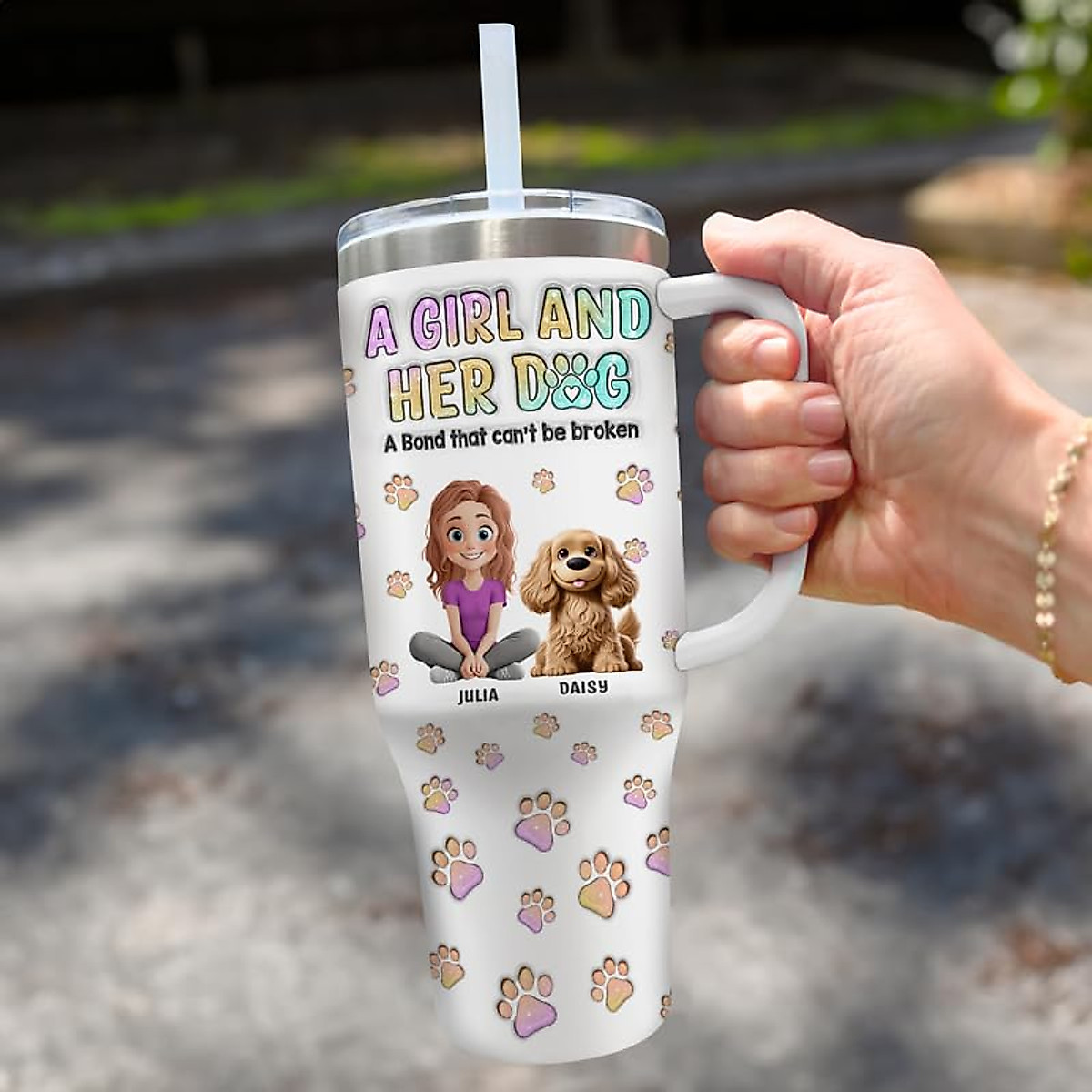DOPTIKA A Girl and Her Pup Tumbler – A Bond That Can’t Be Broken, Personalized 40oz Coffee Cup with Handle, Mother’s Day Gift for Dog Mom, Cute Pet Lover Gift, Best Mom Ever (1 Pet)