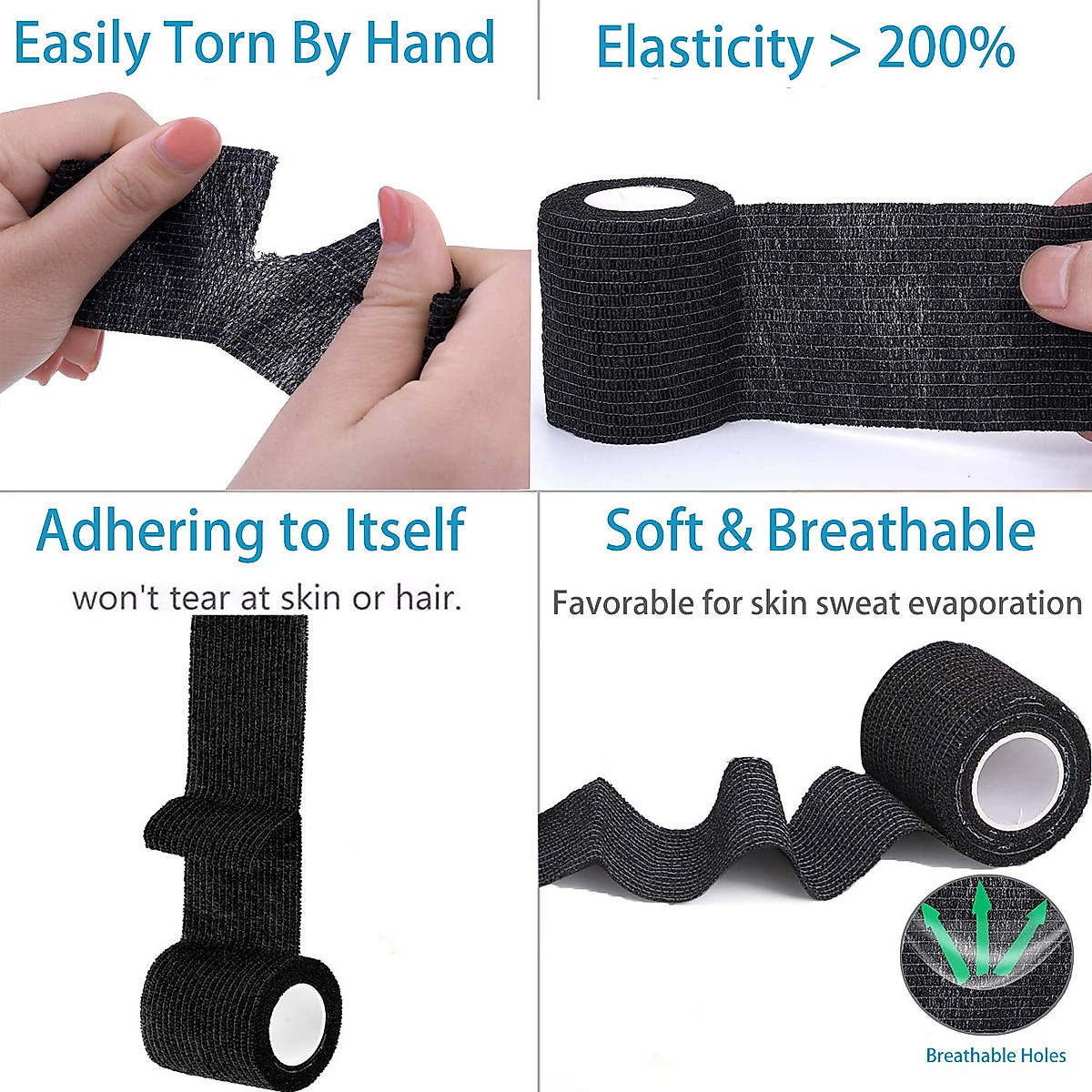 Self Adherent Cohesive Bandages 2" x 5 Yards - 12 Pack Self Adherent Wrap Medical Tape, Black Adhesive Flexible Breathable First Aid Gauze Wrap for Medical Use, Sports, First Aid Wrist Ankle (Black)