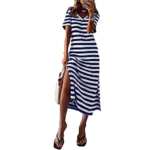 MARZXIN Women 2025 Casual Maxi Dress Short Sleeve V Neck Stripe Sundress Split Loose Long Summer Tshirt Activewear Dress Blue L