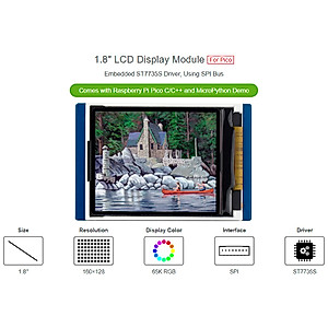 waveshare for Raspberry Pi Pico 1.8inch LCD Display Module, TFT Screen Display 160x128 Resolution 65K RGB Display Color SPI Interface 2.6-5.5V Operating Voltage