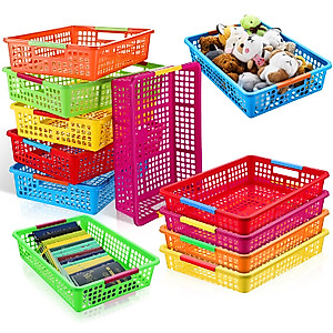 Uiifan 12 Pcs A4 Size Plastic Paper Storage Trays Desktop Paper Organizer Basket with Handles Large Colorful Mesh Storage Basket File Letter Organizer Tray for Classroom School Supplies