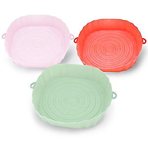 Silicone Air Fryer Accessories Pack of 3(Green, Pink, Red) Liner Basket Air Fryer Silicone Pot Tray, Reusable Air Fryer Silicone Basket Heat Resistant Easy Cleaning, Oven Baking Tray