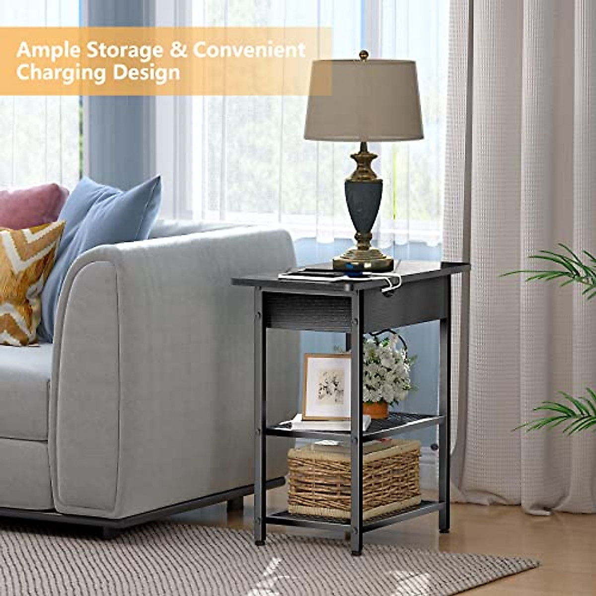 Mr IRONSTONE End Table with Charging Station, Flip Top, 2 Power Outlets & 2 USB Ports, Storage Shelf, Narrow Nightstand, Small Side Table for Living Room, Bedroom, Black