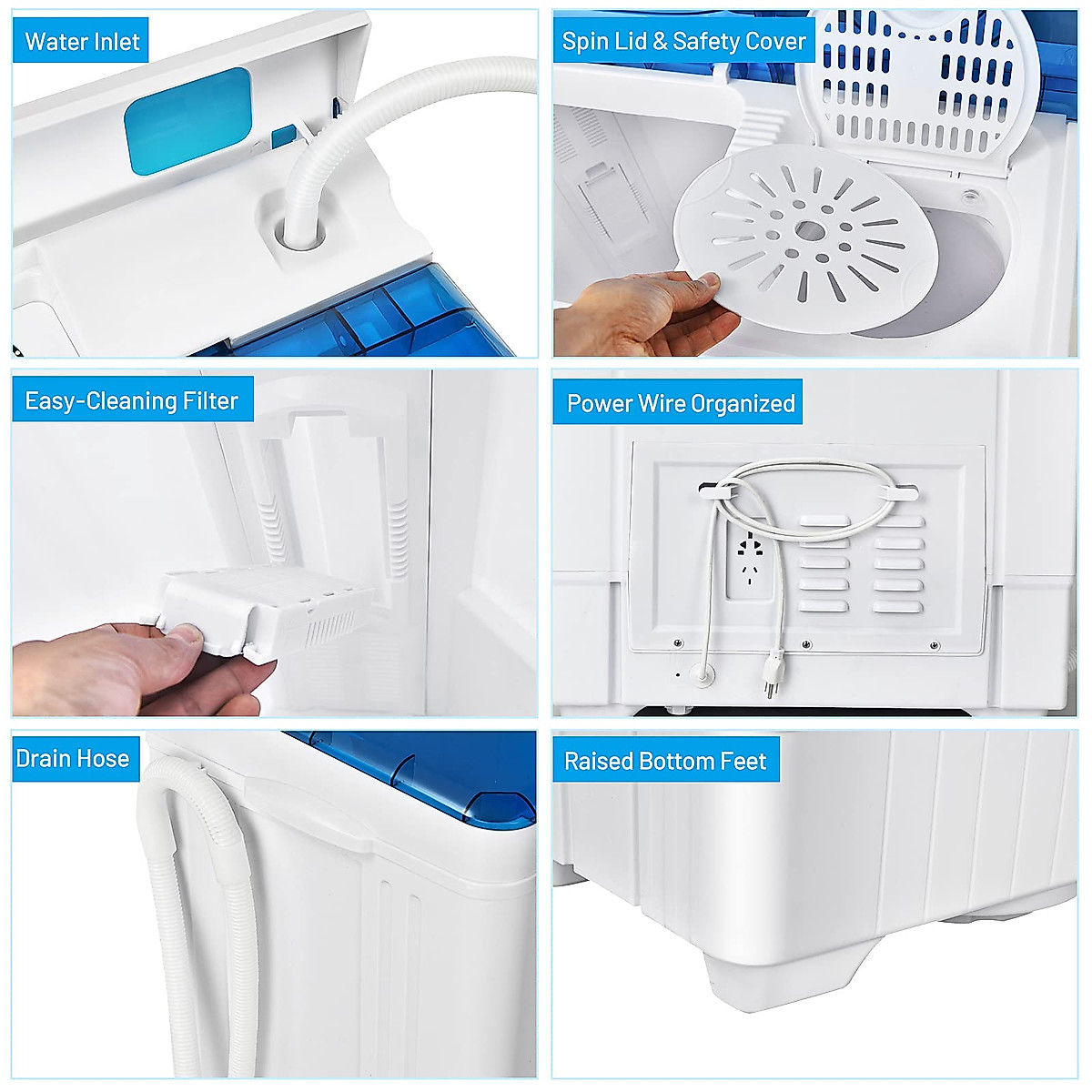 Giantex Washing Machine Semi-automatic, Twin Tub Washer with Spin Dryer, 26lbs Capacity, Built-in Drain Pump, Portable Laundry Washer, Compact Washing Machine for Apartment, Dorm and RV (White+Blue)