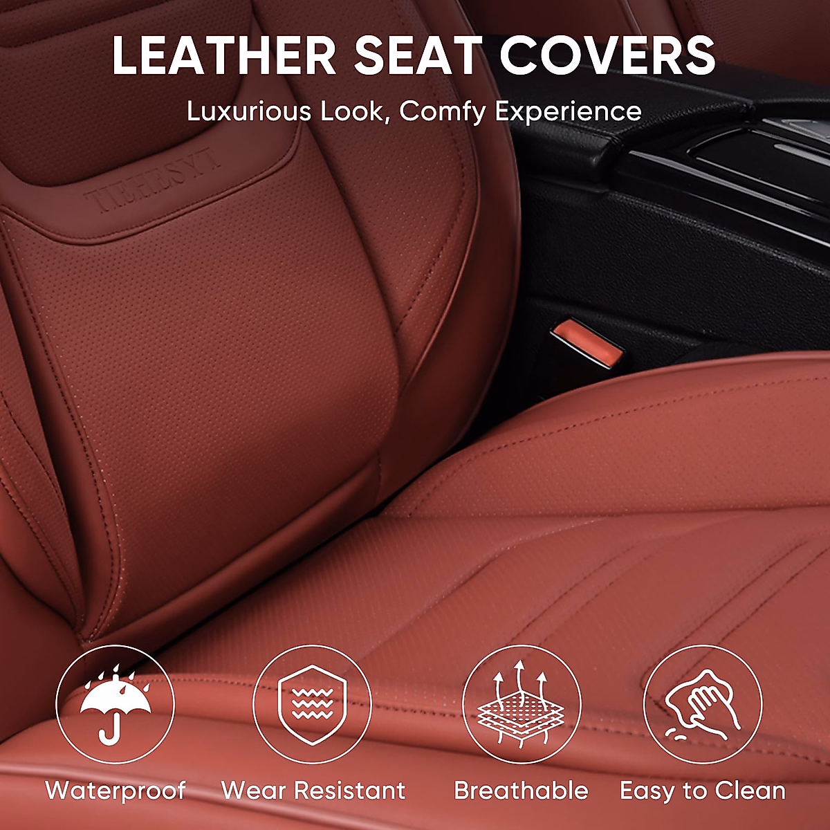 TIEHESYT Wine Red Car Seat Covers Full Set, Breathable Leather Automotive Front and Rear Seat Covers & Headrest for Comfortable Driving, Universal Auto Interior Fit for Most Kinds of Vehicles, Cars