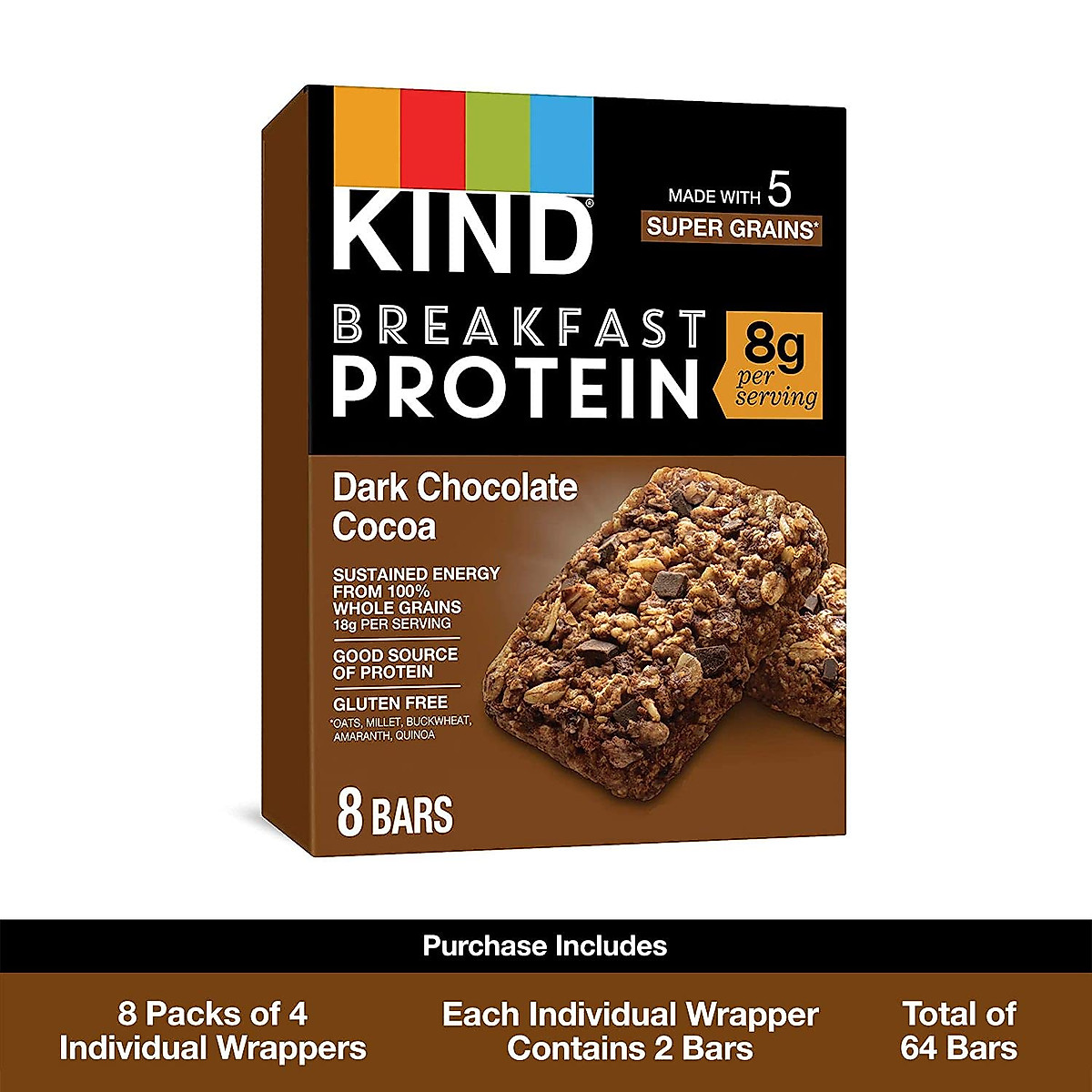 KIND Breakfast Protein Bars, Dark Chocolate Cocoa, Healthy Snacks, Gluten Free, 8g Protein, 32 Count