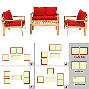 LUKEO 4PCS Patio Furniture Set Acacia Wood Thick Cushion Loveseat Sofa Red Spend Time with Your Family On The 4-8 Persons Set