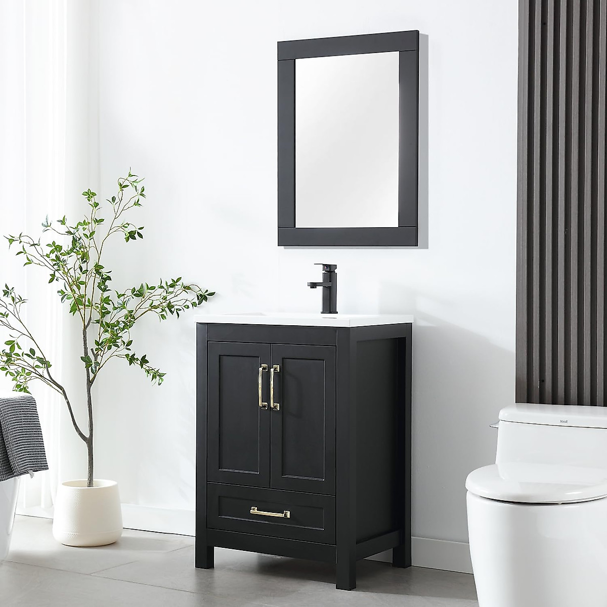 LUCKWIND 24” Bathroom Vanity with Sink, Modern Painted Bathroom Storage Cabinet with Ceramic Basin Sink Top, Faucet and Drawers Without Mirror, Black