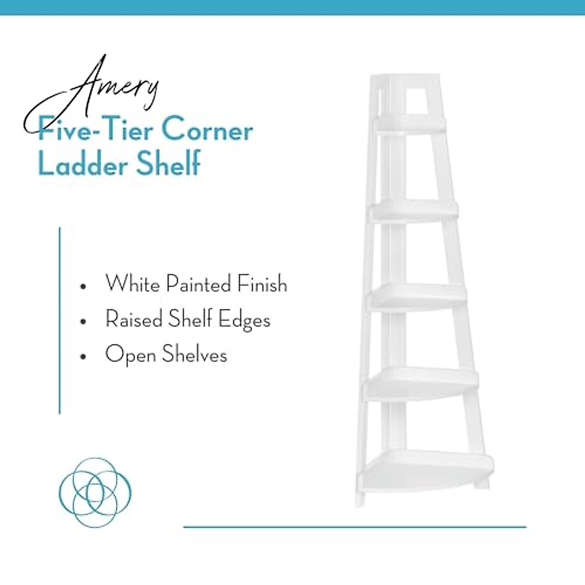 RiverRidge Amery 5-Tier Corner Ladder Shelf - Narrow Corner Shelf Maximizes Storage & Display in Small Spaces - White Open Shelving Design for Bathroom, Living Room, Office