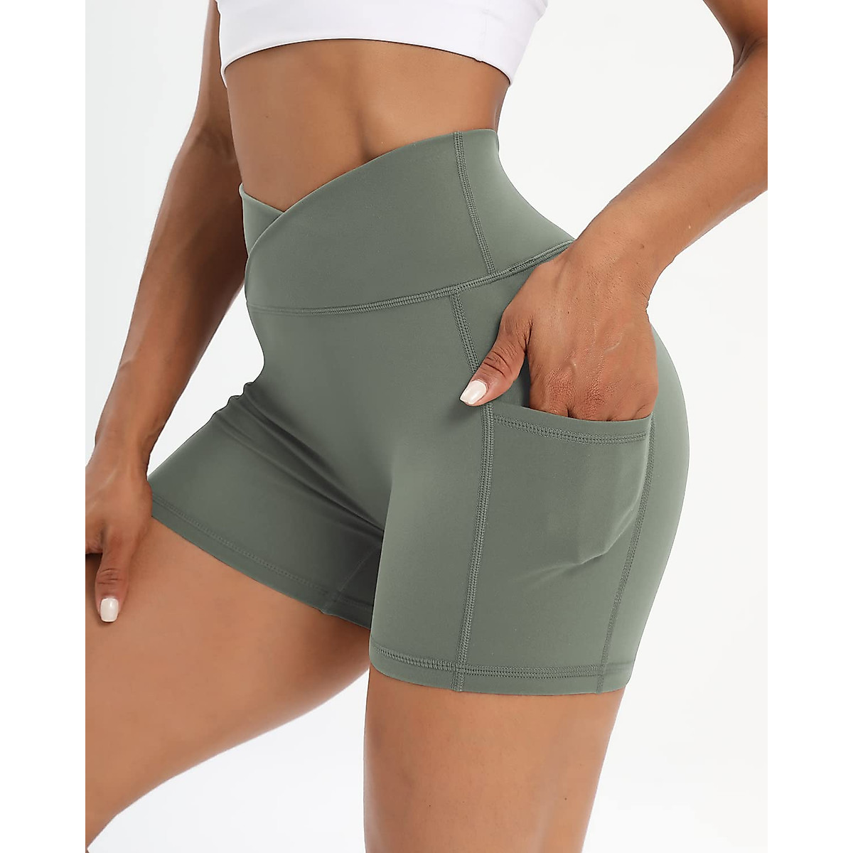 Workout Shorts for Women 2 Pcs Pack Cross Waist Active Gym Spandex Stretchy Yoga Compression with Side Pockets Burgundy+Olive-M