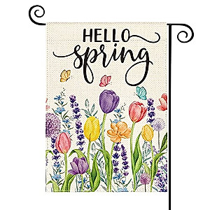AVOIN colorlife Hello Spring Tulip Lavender Garden Flag 12 x 18 Inch Double Sided, Seasonal Flower Yard Outdoor Flag