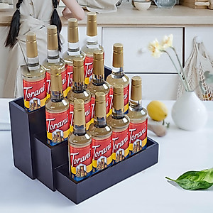 GOVOKOI Black Wood Coffee Syrup Rack Organizer, 3 Tier Separated Syrup Bottle Holder for Coffee Bar,12 Bottles(750ml) Storage Stand for Syrup, Wine, Dressing for Kitchen Coffee Station