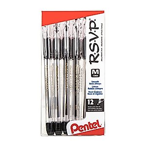 Pentel(R) R.S.V.P.(R) Ballpoint Pens, 1.0 mm, Medium Point, Clear Barrel, Black Ink, Pack Of 12, BK91-A
