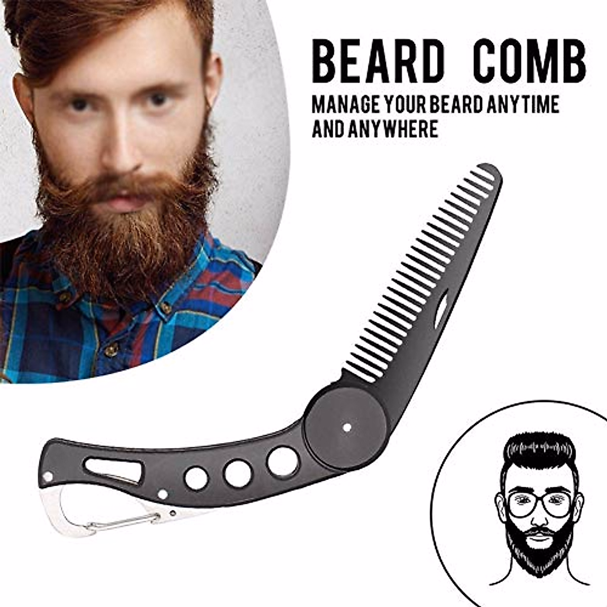 Stainless Steel Folding Beard Comb, Portable Multifunction Anti Static Fine to Medium Metal Hair Comb for Men Grooming, Combing Hair, Beard, and Mustache Styling