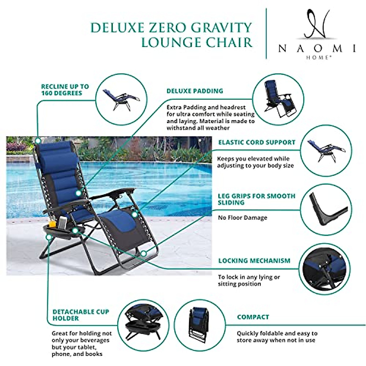 Naomi Home Oversized Zero Gravity Folding Lounge Chair, Padded Reclining Patio Chair with Adjustable Headrest and Cupholders, Recliner Beach Chairs for Adults Support 300lbs - Cream