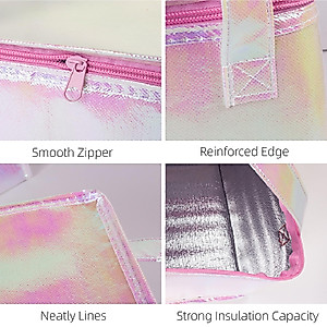 Lyellfe 6 Pack Cooler Bags Insulated, Waterproof Reusable Grocery Shopping Bag with Zipper, Portable Glossy Pink Food Delivery Bag for Take Outs, Picnic